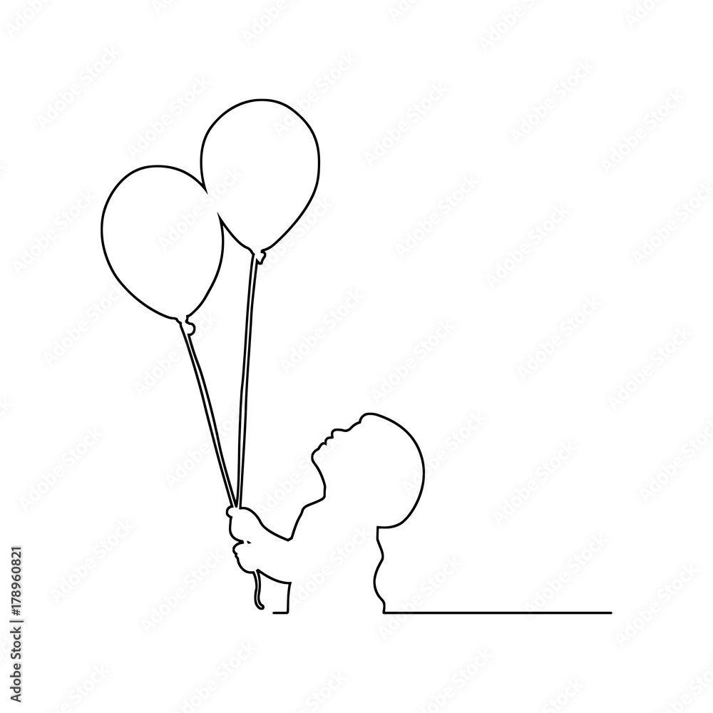 small boy holding two balloons vector illustration black lines ...