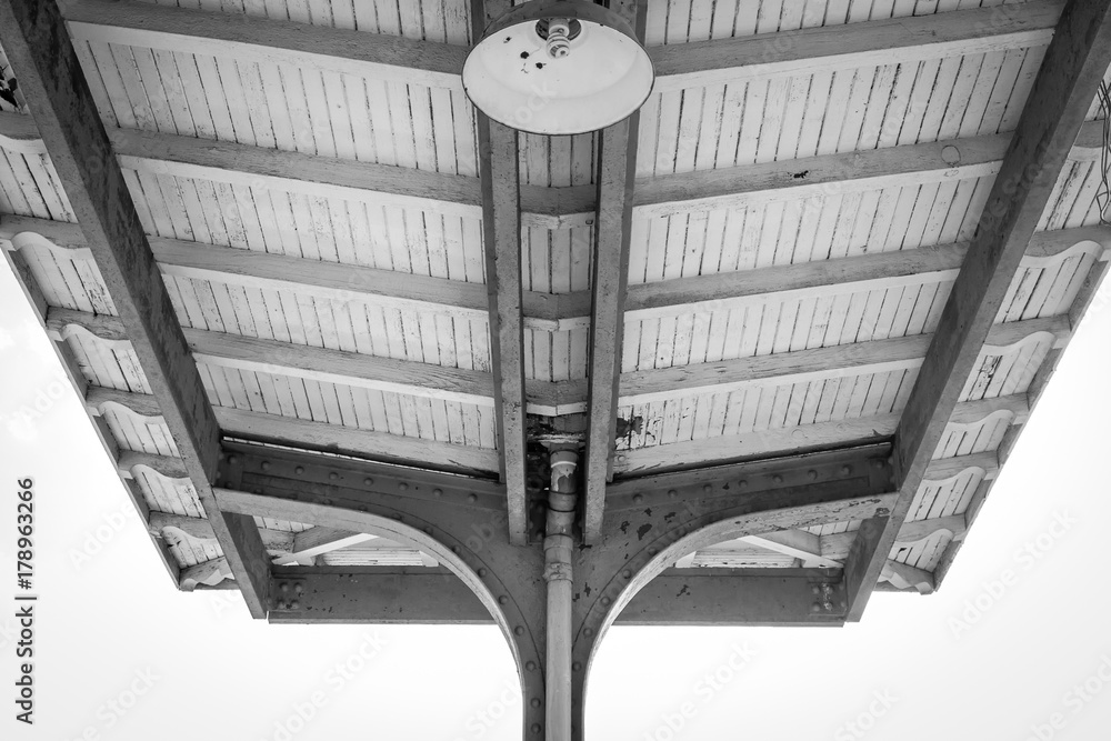 Outdoor train bus station roof. Old covered architecureal structure ...