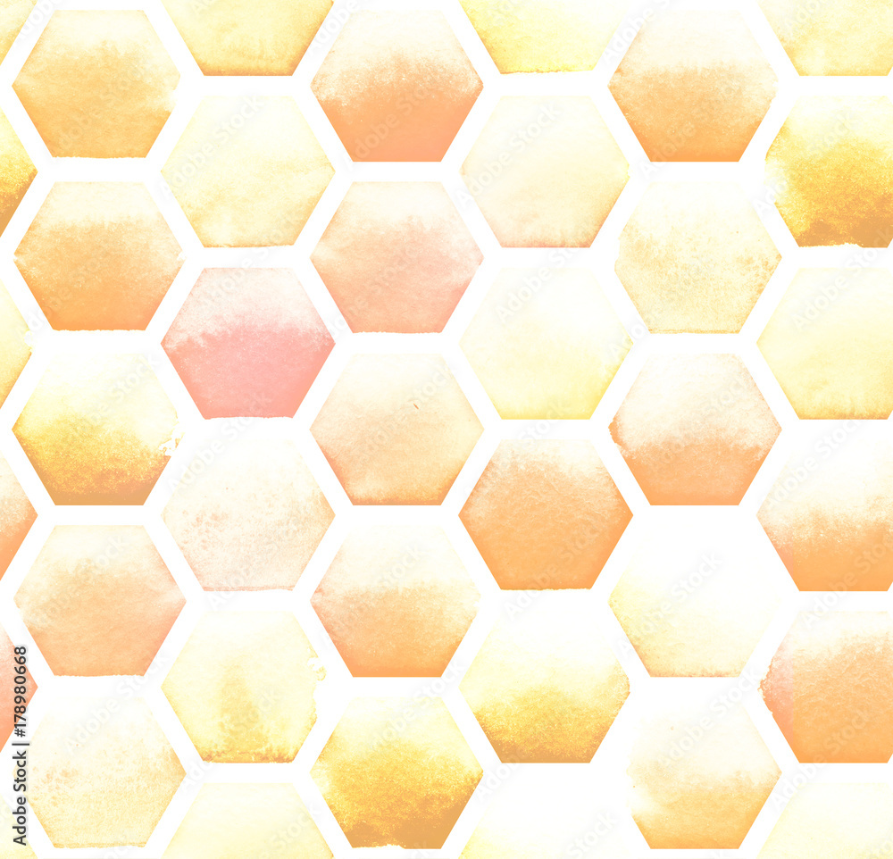 Hexagon pattern of yellow colors on white background. Watercolor ...