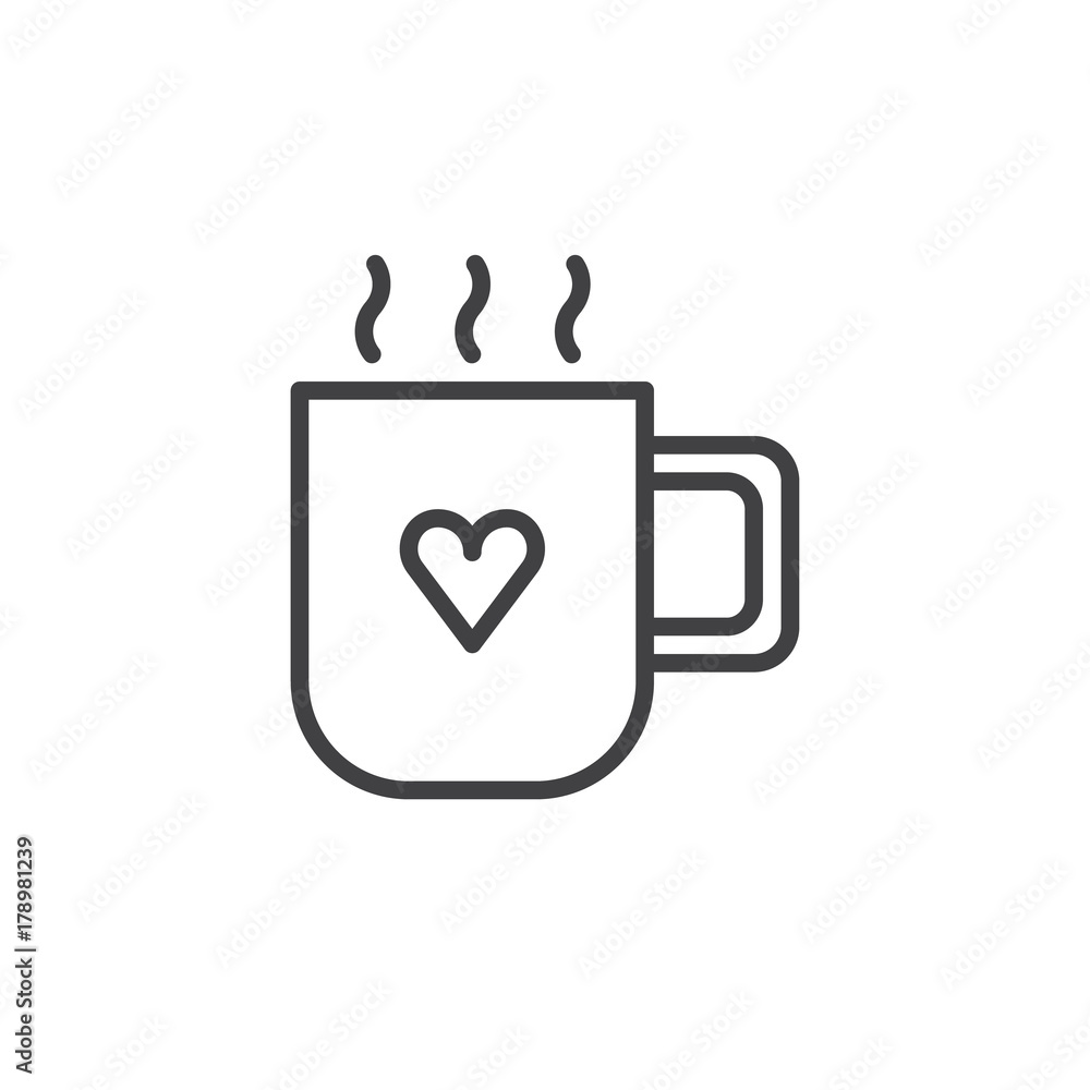 Mug with hot drink and heart line icon, outline vector sign, linear ...