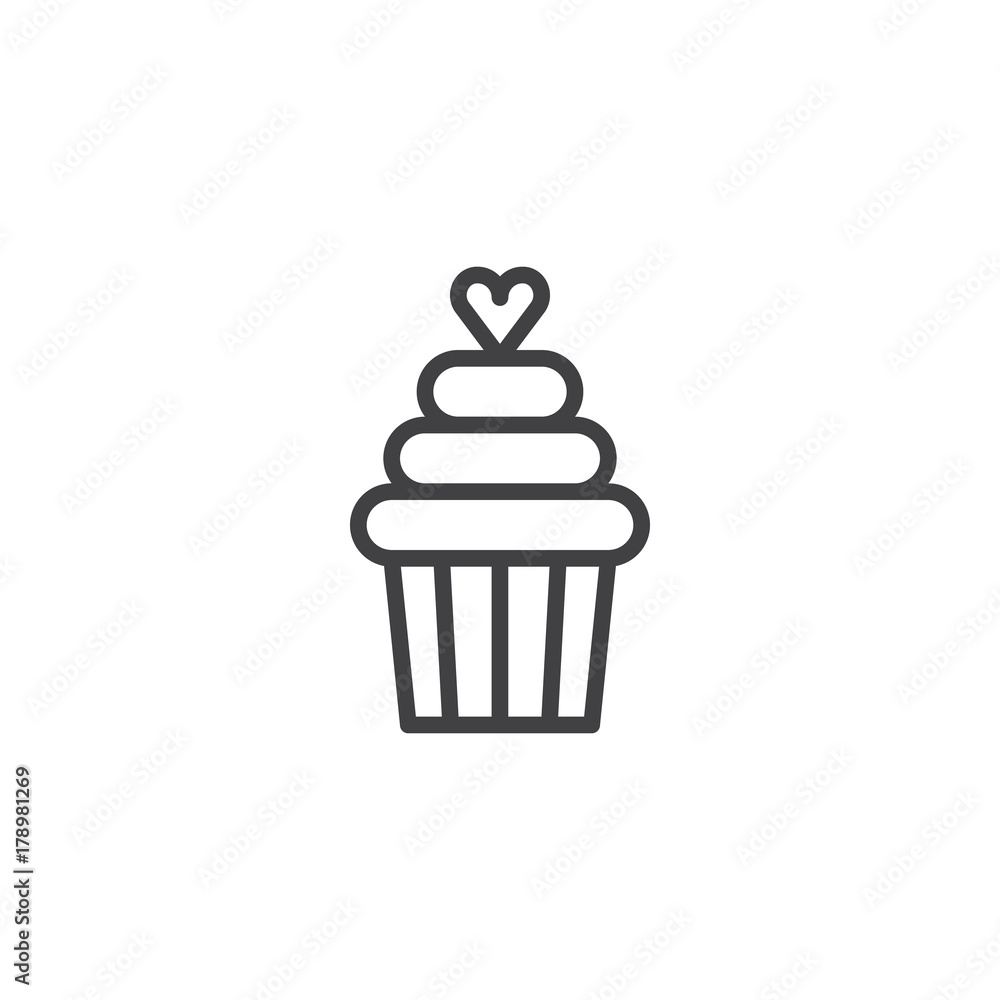 Cupcake with heart line icon, outline vector sign, linear style ...