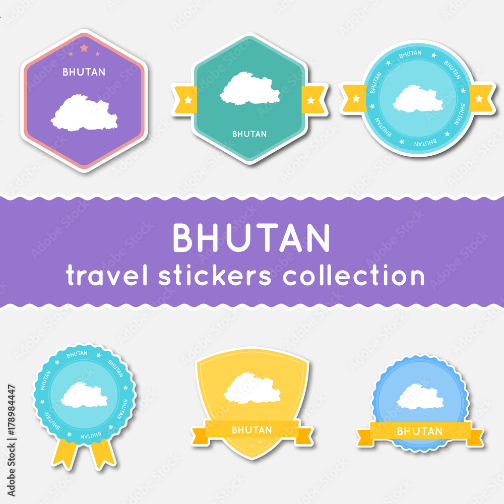 Bhutan travel stickers collection. Big set of stickers with country map ...