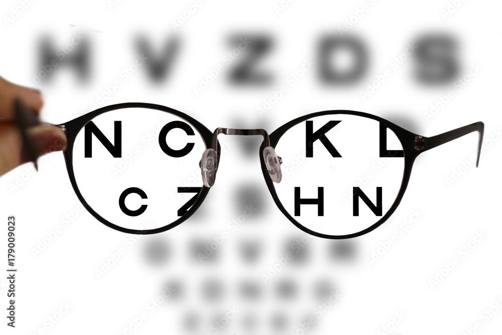 myopia correction glasses on the eye chart letters background Stock ...