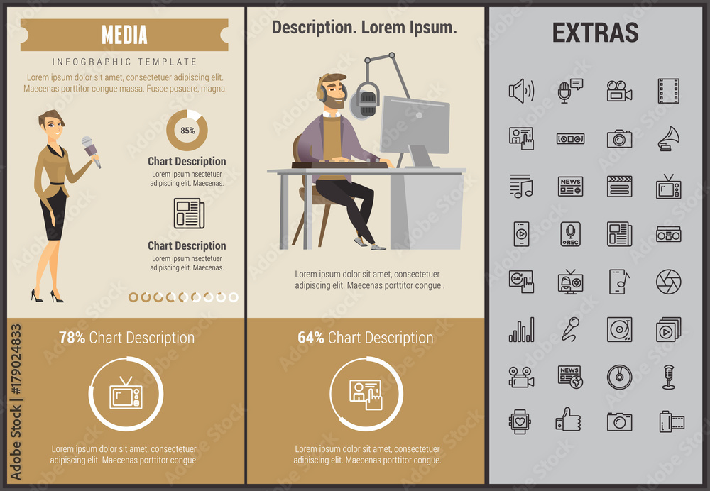 Media infographic template, elements and icons. Infograph includes ...