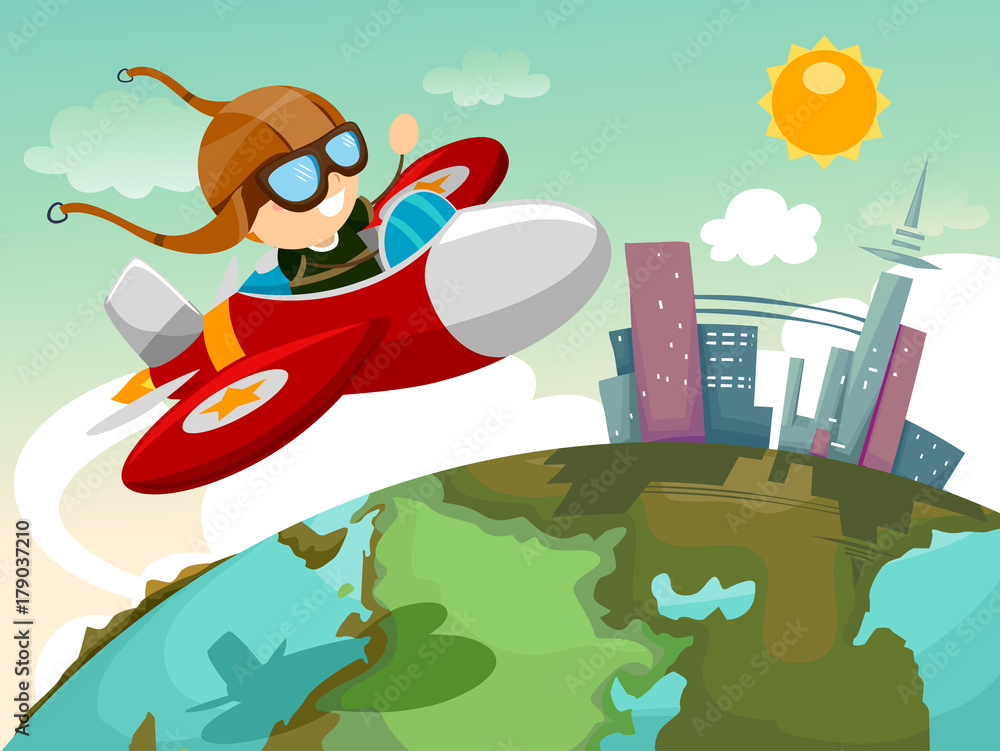 Stickman Kid Boy Globe Plane Stock Vector | Adobe Stock