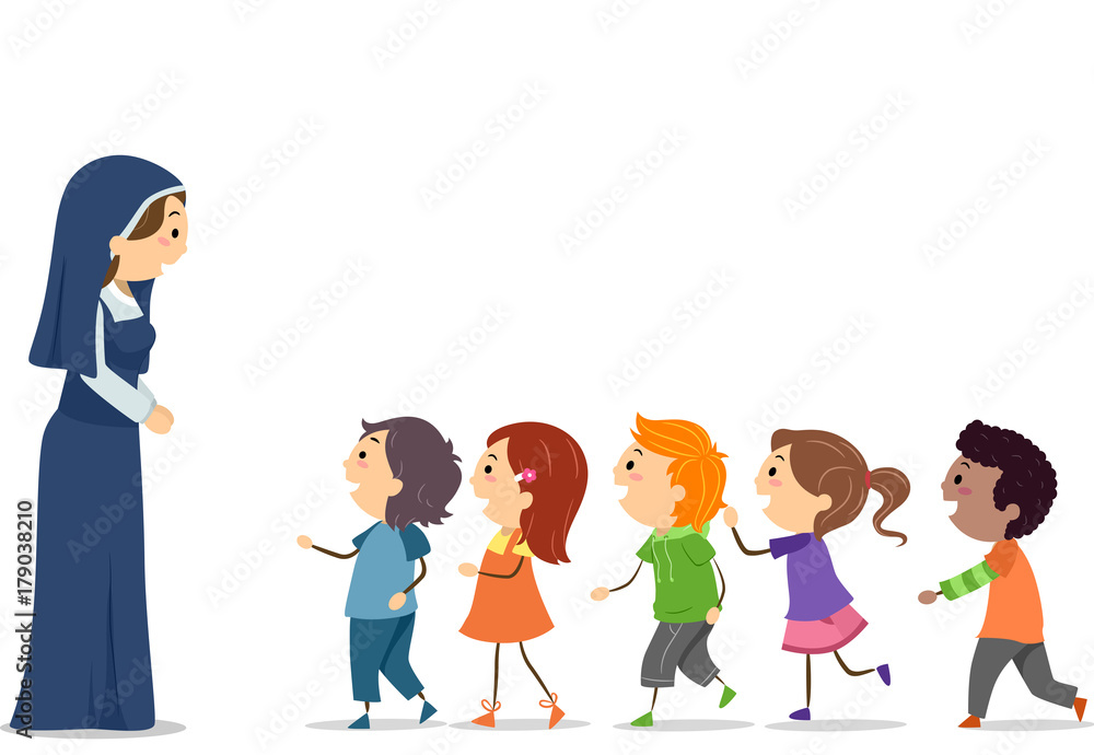 Stickman Kids Nun Line Illustration Stock Vector | Adobe Stock