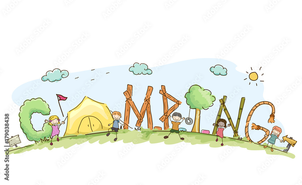 Stickman Kids Camping Lettering Illustration Stock Vector | Adobe Stock