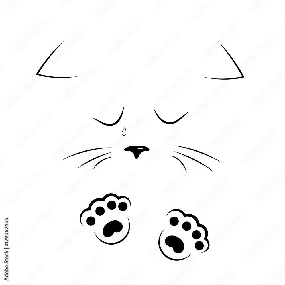 vector black and white outline drawing sad cat face with paws Stock ...