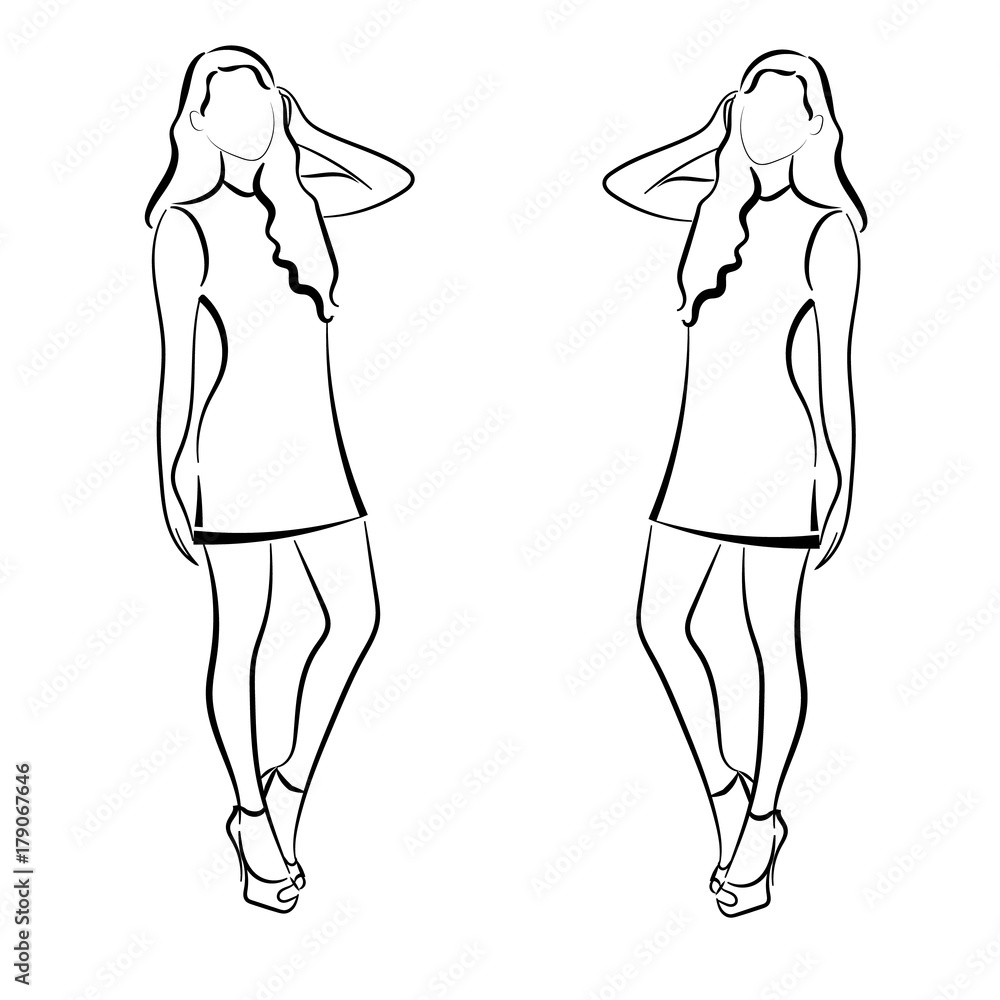 Vector silhouette of black and white outline drawing of two girls Stock ...