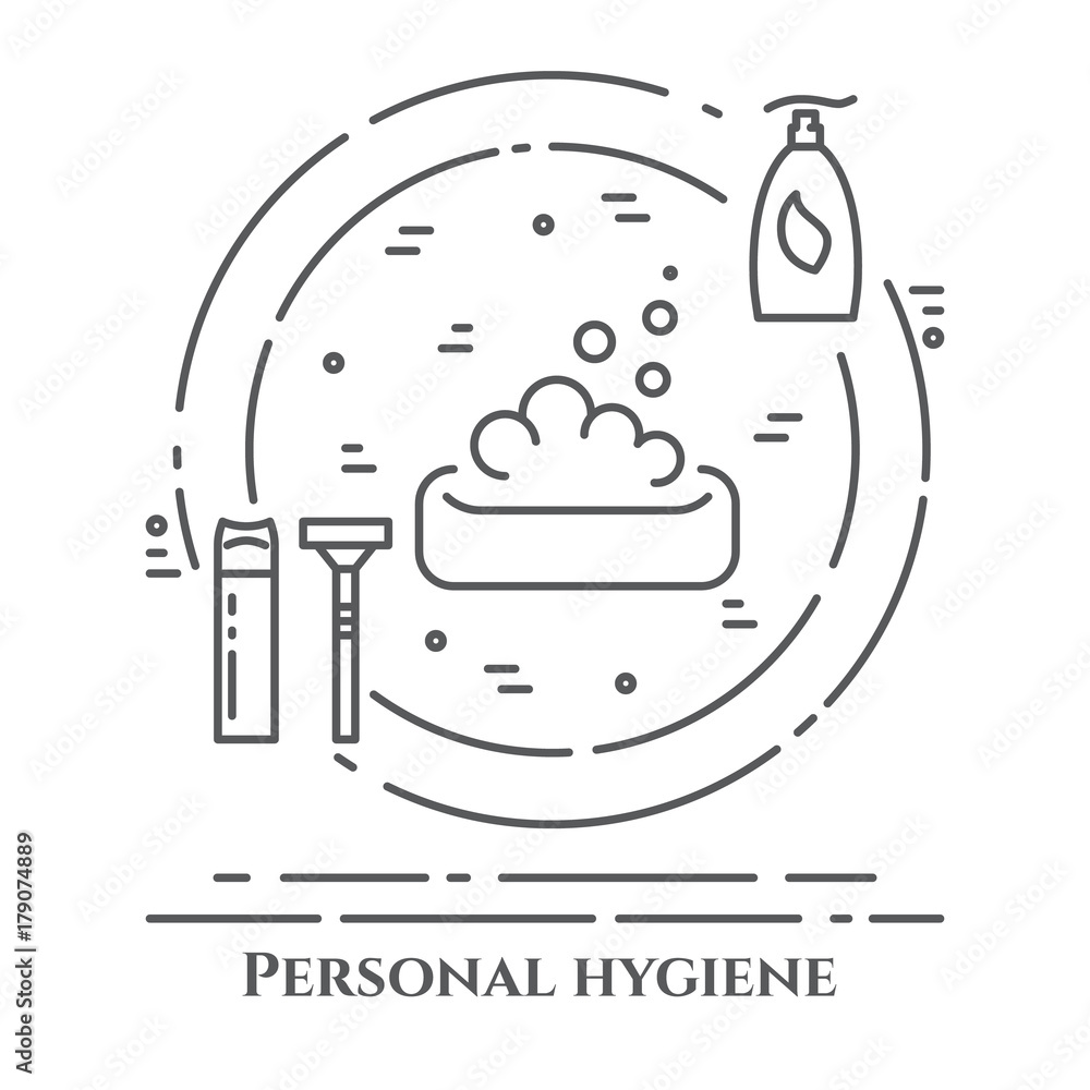 Personal hygiene line banner. Set of elements of shower, soap, bathroom ...