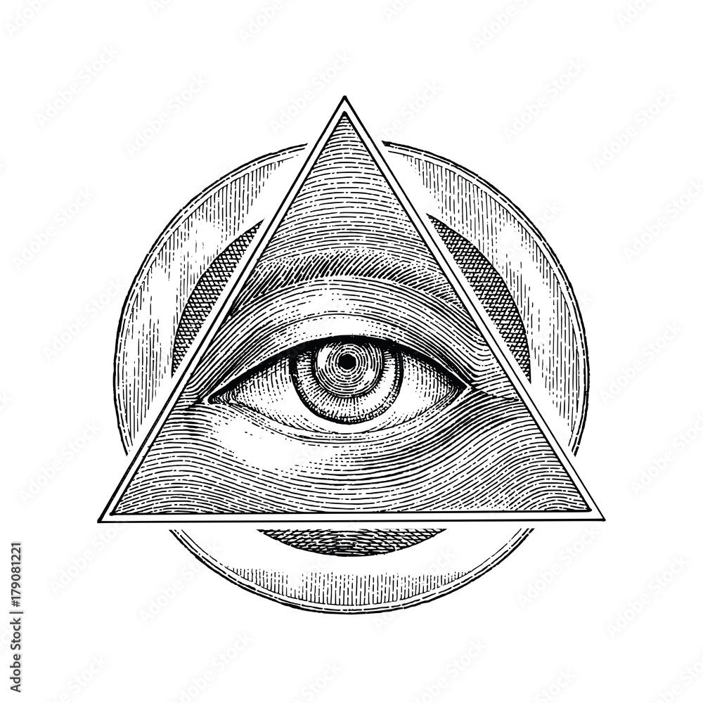 Pyramid of eye with vintage circle hand drawing engraving style Stock ...