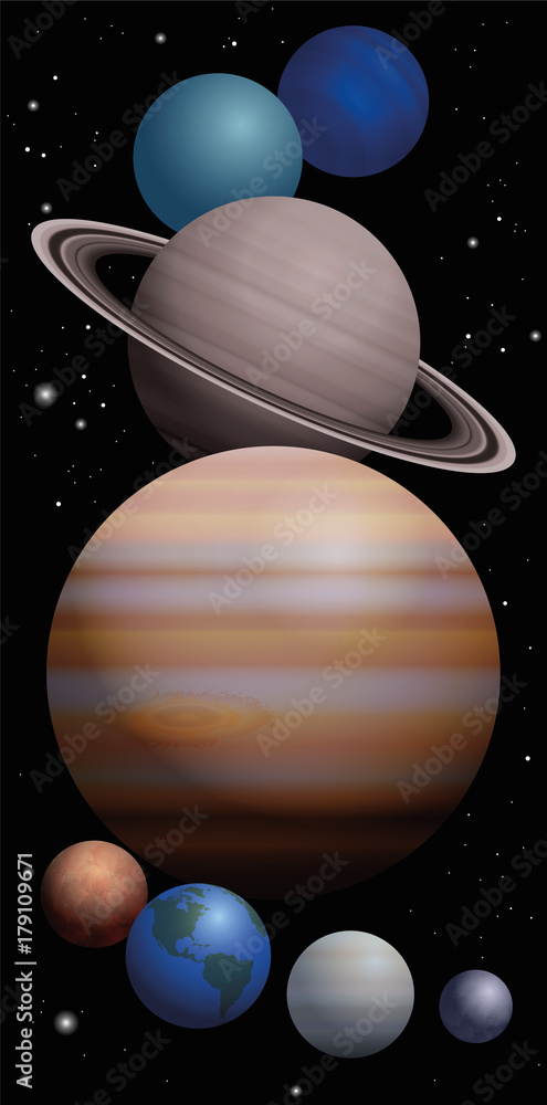 Planet cluster of our solar system with approximate relation in size ...