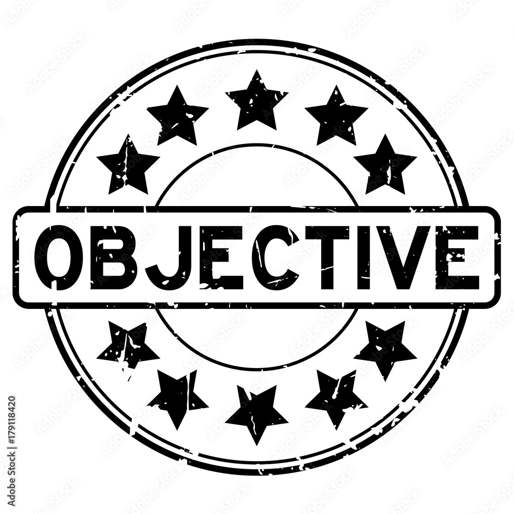 Grunge black objective with star icon round rubber seal stamp on white ...