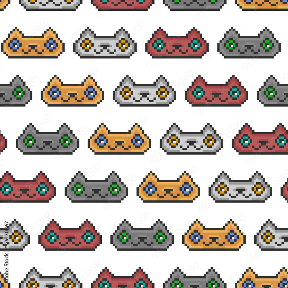 Seamless texture with Cute nice pixel cats. Pixel art. Modern style ...