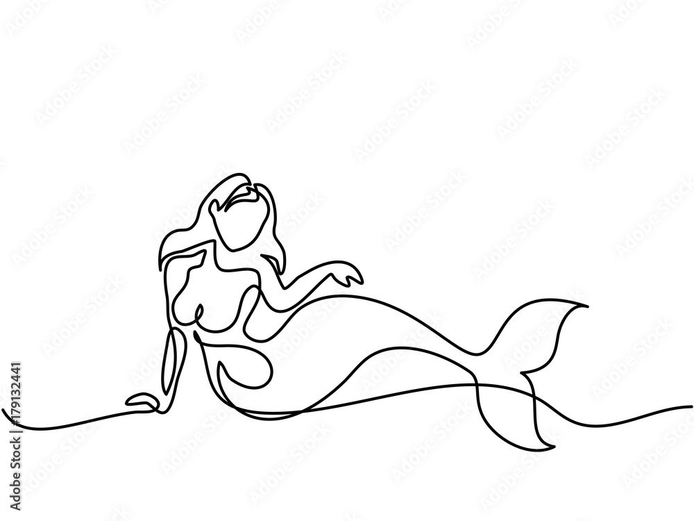 Mermaid laying and dreaming on the beach. Continuous line drawing ...