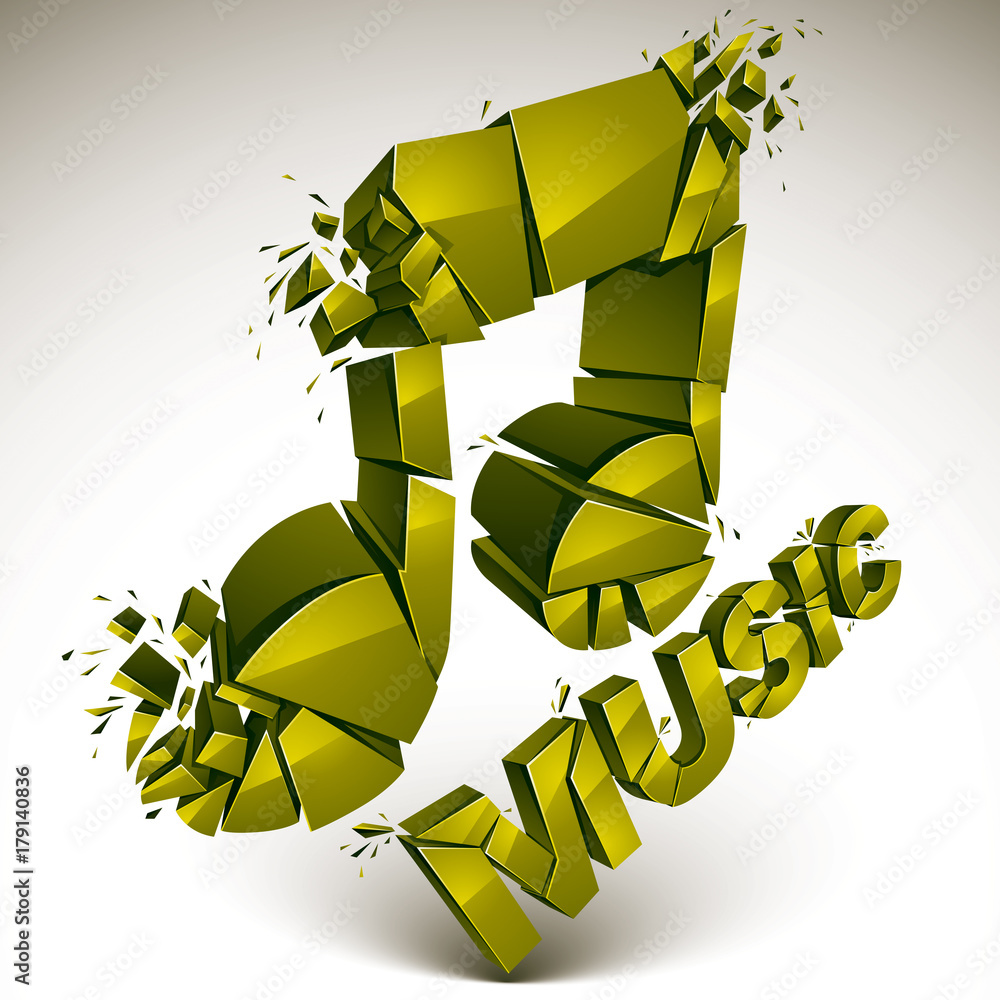 3d vector green shattered musical notes with music word. Art melody ...