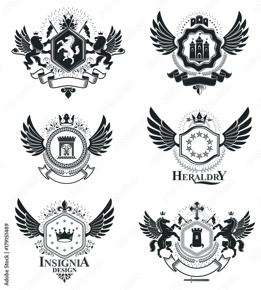 Heraldic emblems isolated vector illustrations. Collection of symbols ...