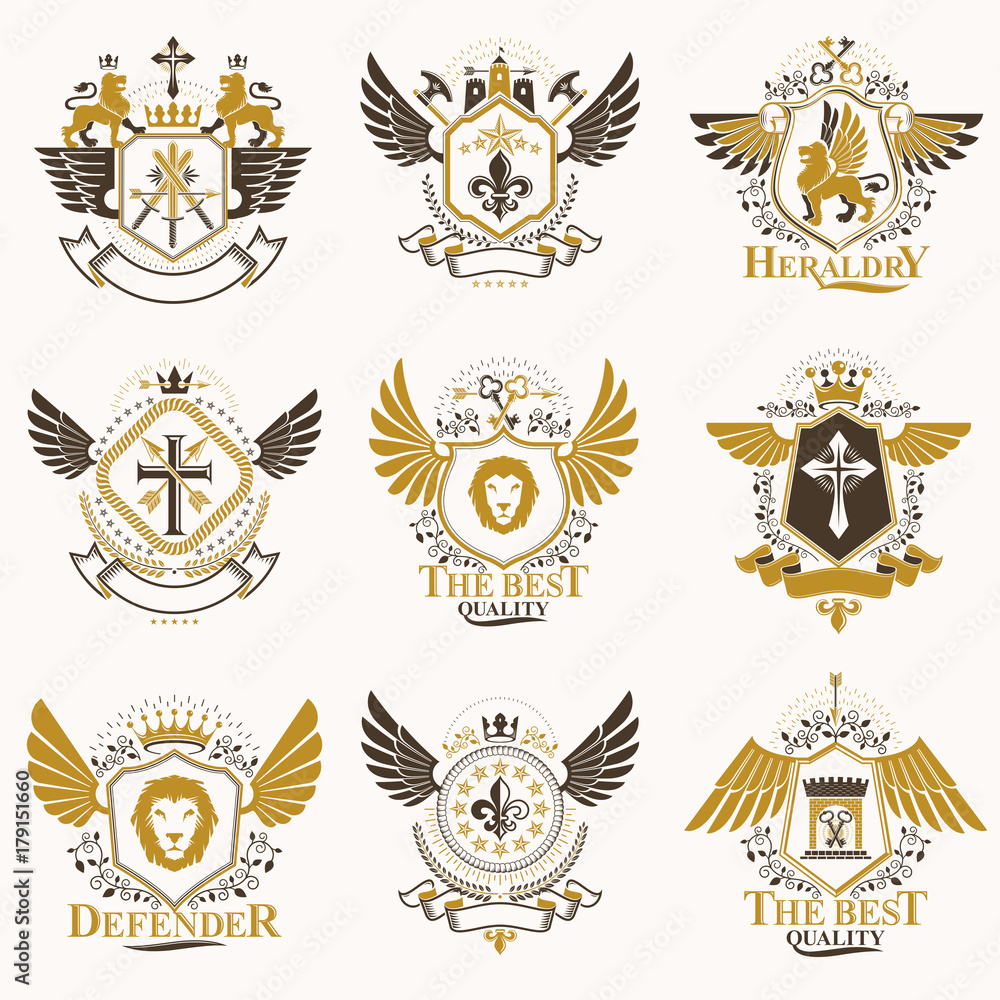 Collection of vector heraldic decorative coat of arms isolated on white ...
