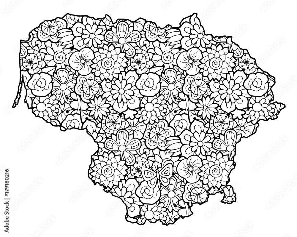 Map of Lithuania with flowers. Black and white vector illustration ...