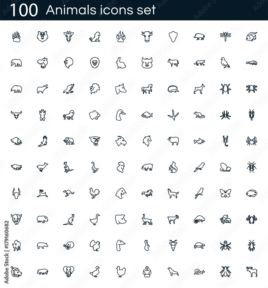 Animals icon set with 100 vector pictograms. Simple outline farm icons ...