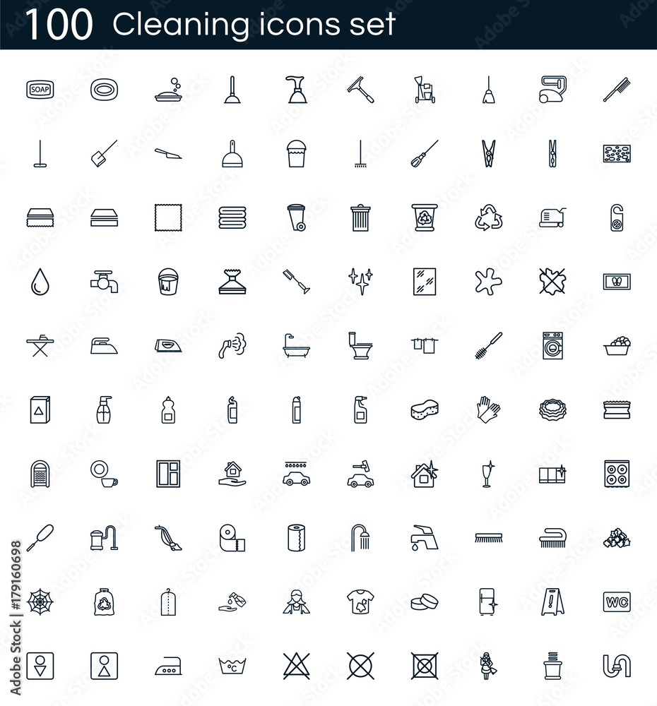 Cleaning icon set with 100 vector pictograms. Simple outline clean ...