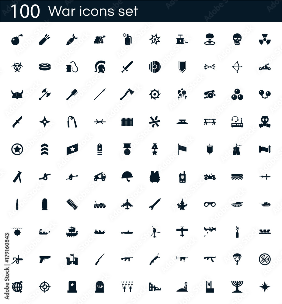 War icon set with 100 vector pictograms. Simple filled military ...
