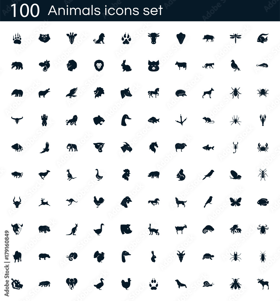 Animals icon set with 100 vector pictograms. Simple filled farm icons ...