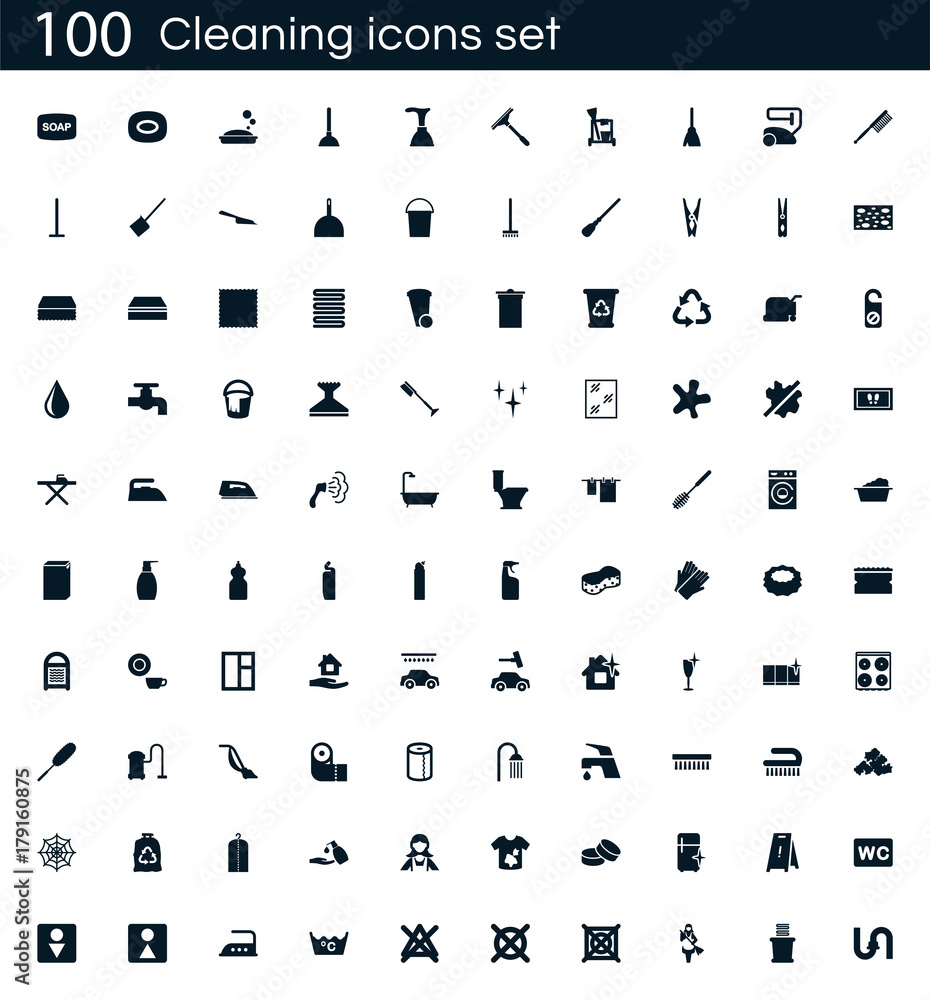 Cleaning icon set with 100 vector pictograms. Simple filled clean icons ...