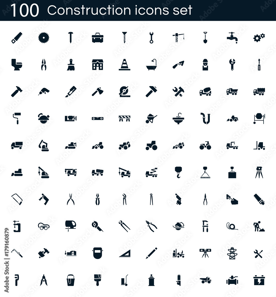 Construction icon set with 100 vector pictograms. Simple filled icons ...