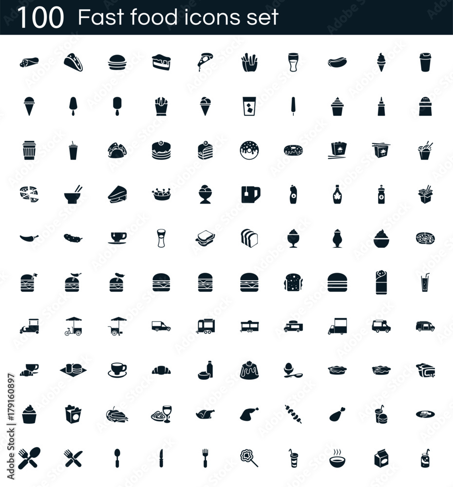 Fast food icon set with 100 vector pictograms. Simple filled restaurant ...
