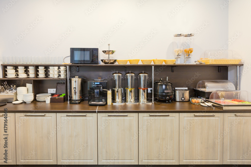 Breakfast buffet in the modern hotel (motel) or hostel during a self ...