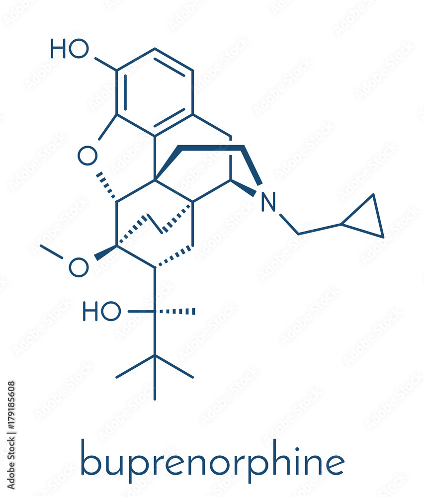 Buprenorphine opioid addiction and pain killer drug molecule. Skeletal ...