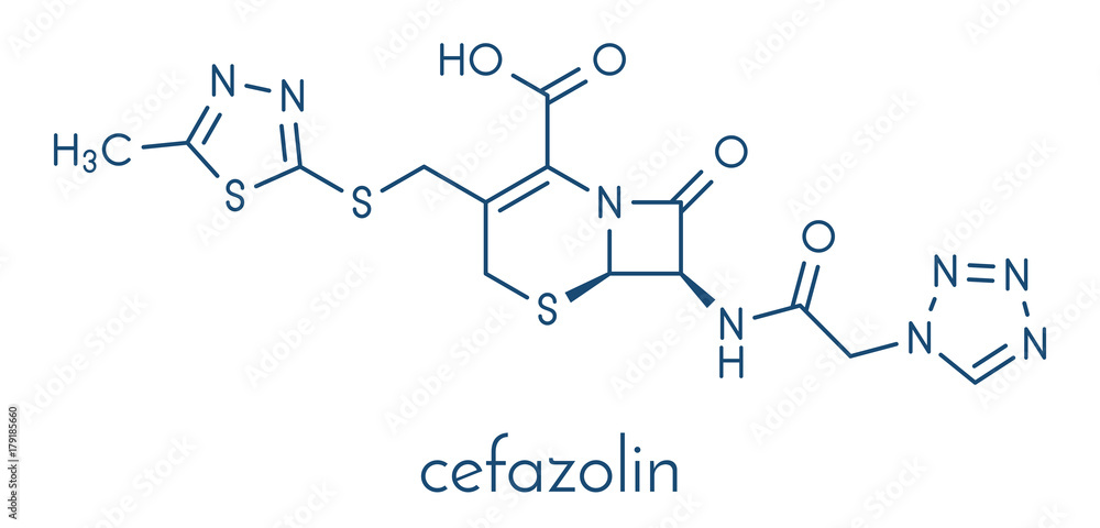 Cefazolin antibiotic drug molecule (cephalosporin, first generation ...