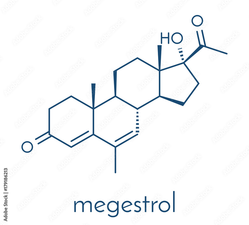 Megestrol molecule. Megestrol acetate, the ester of megestrol is used ...
