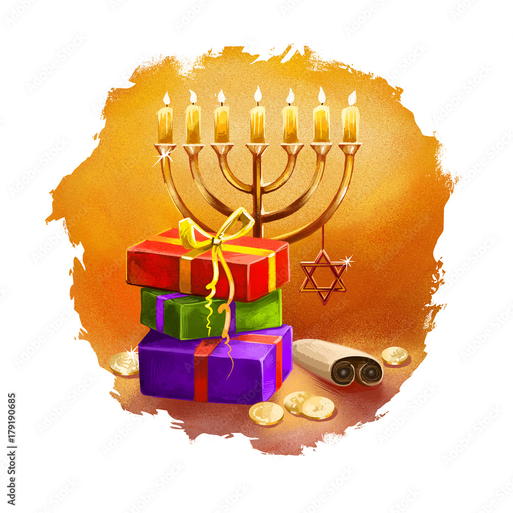Happy Hannukah, Chanukah digital art illustration. Religious Jewish ...