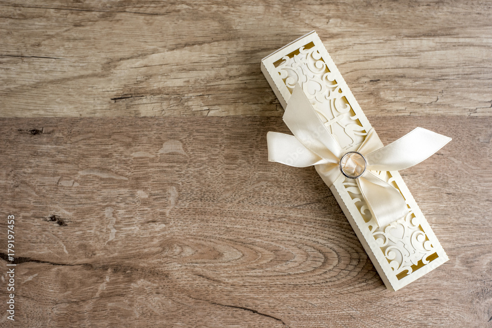 Wedding ring on wedding invitation. Wedding invitation. Box. Wedding ...