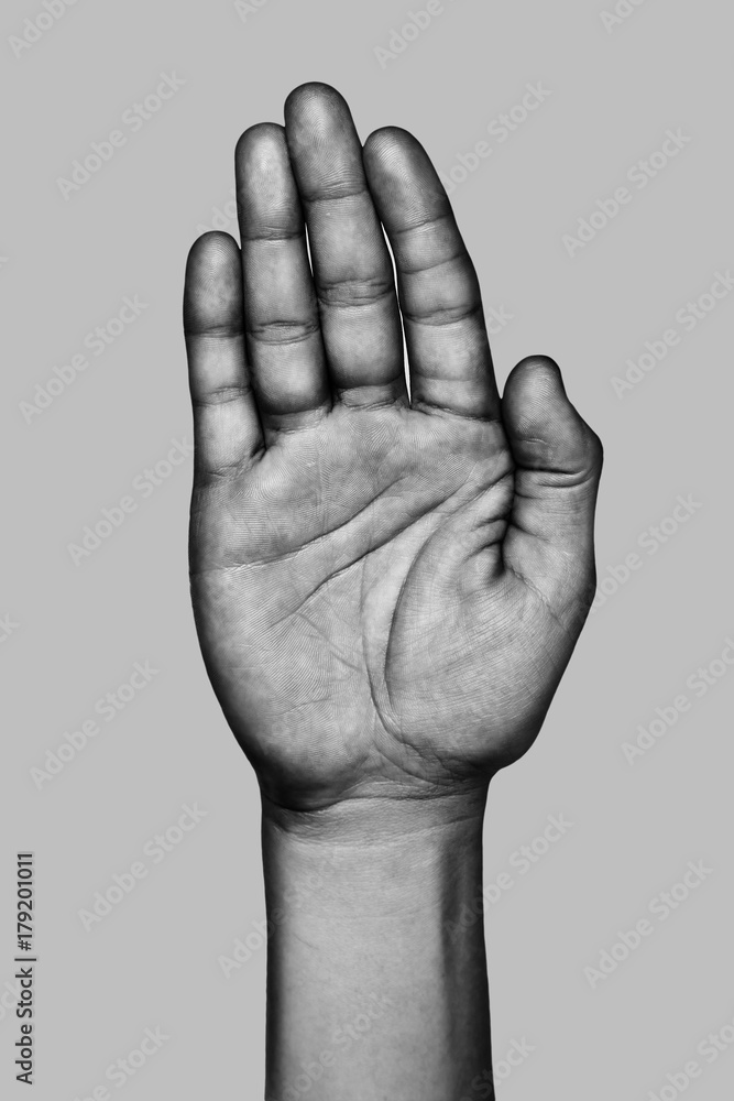 Hand man with palm extended in stop sign. Black and white. Stock Photo ...