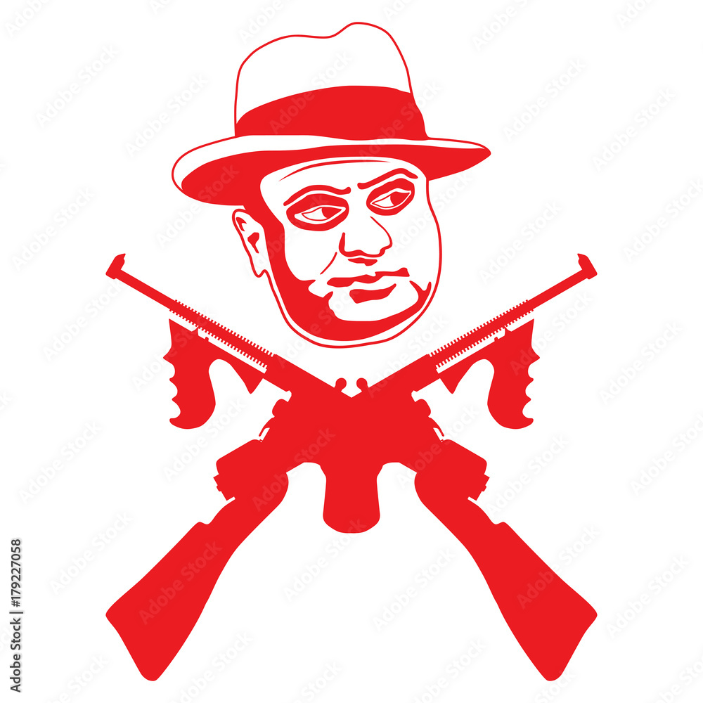 Mafia boss with two crossed submachine guns. Symbol of violence and ...