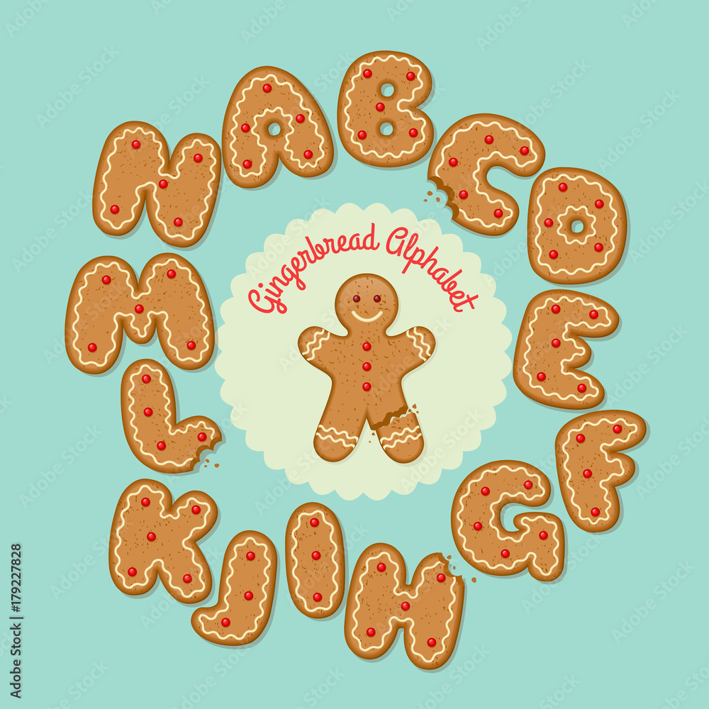 Gingerbread man with set of gingerbread cookie letters, A through N ...