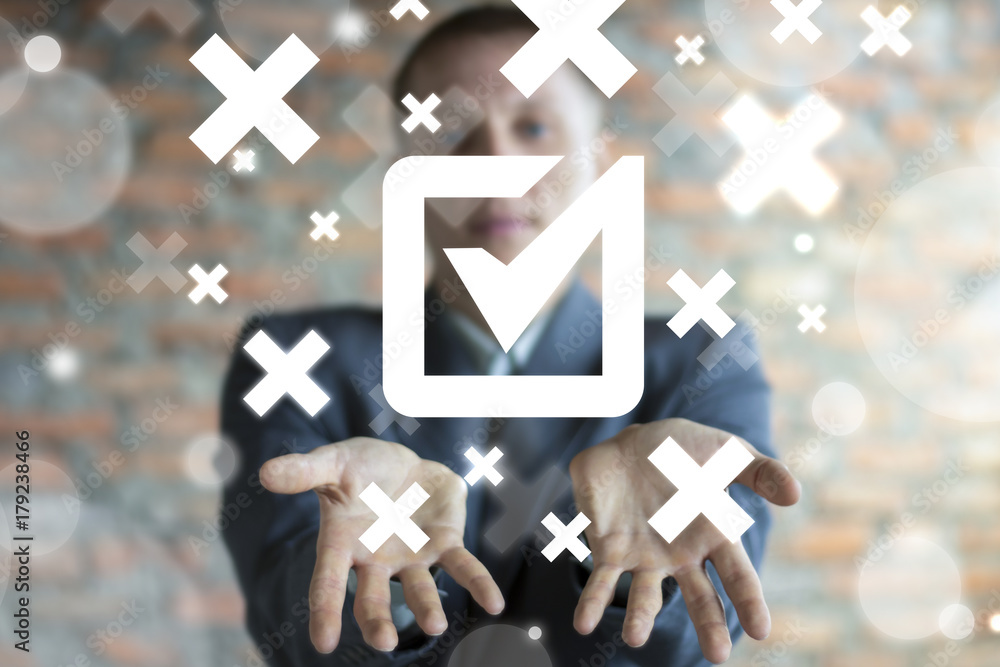 Confirm (check mark) business concept. Businessman on blurred ...