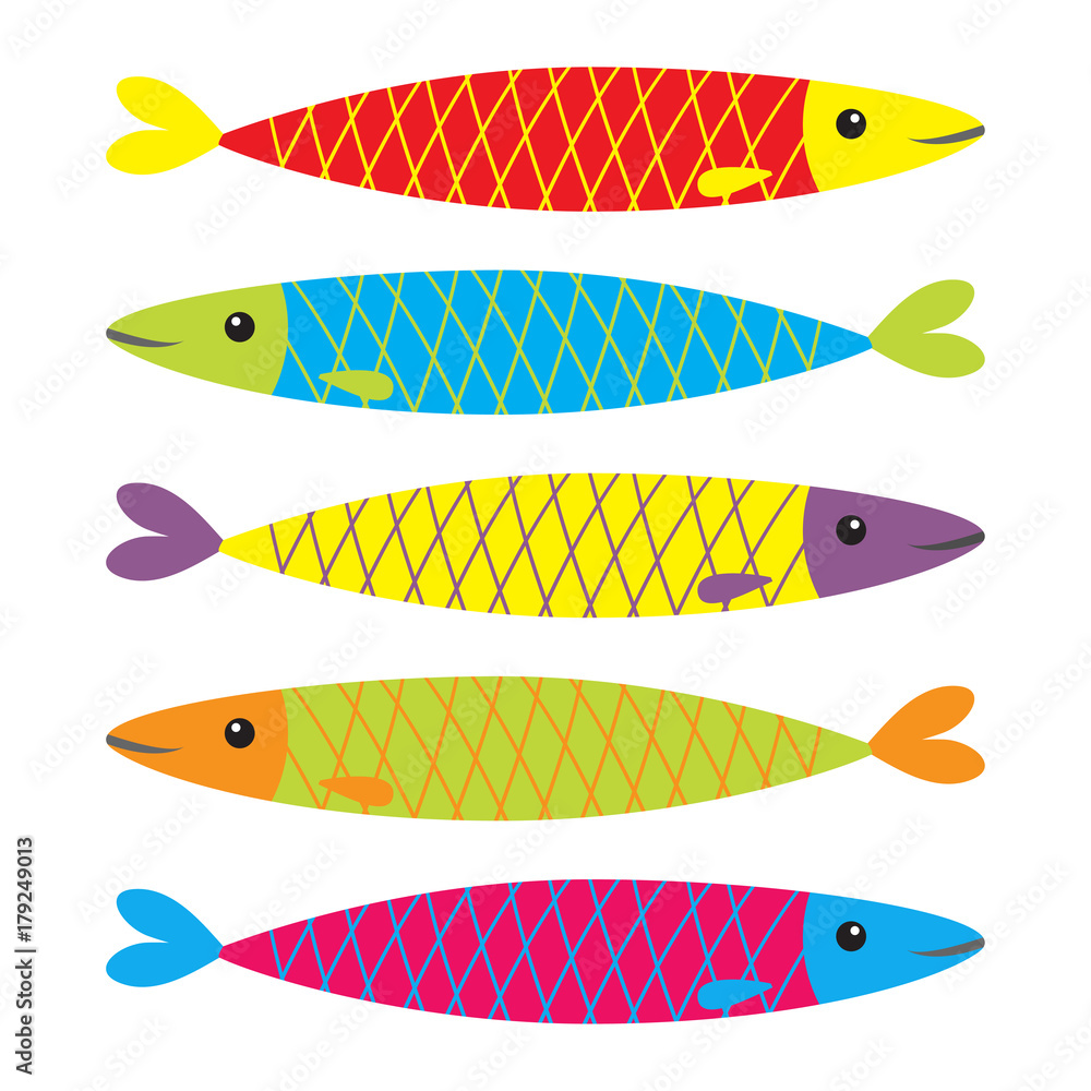 Sardine colorful fish icon set. Iwashi. Sardina pilchardus. Cute ...