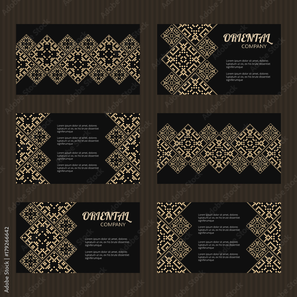Business card set. Golden foil decorative elements. Ornamental cards with dotted patterns ...