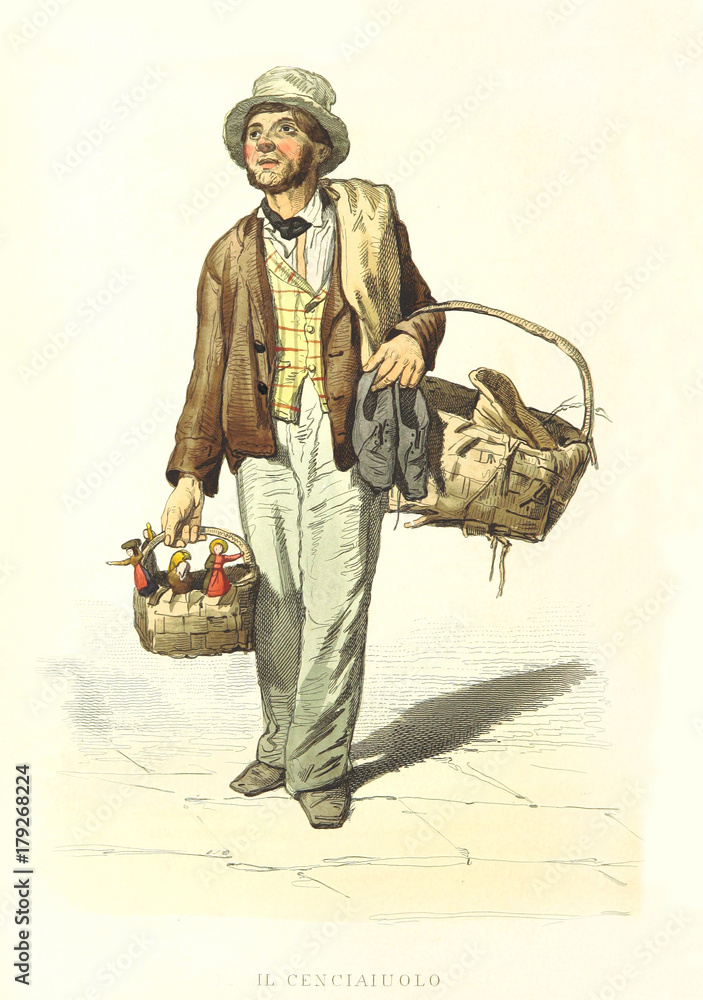 ภาพประกอบสต็อก Ancient rag-and-bone-man walking outdoor. Old ...