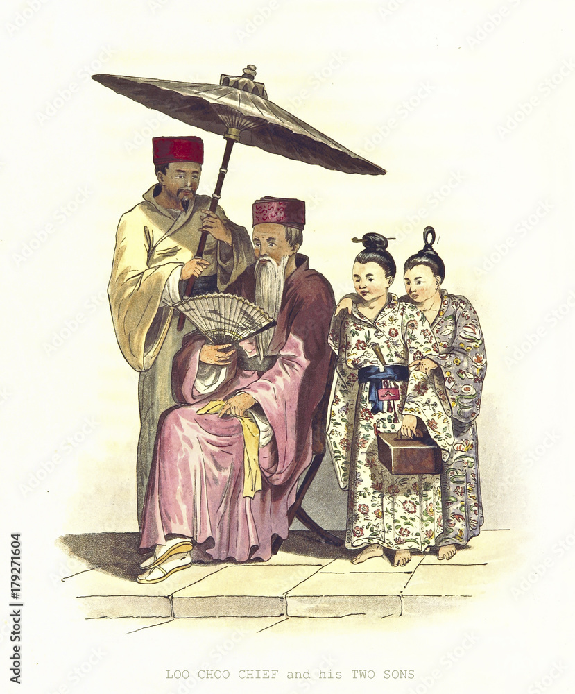 Old korean seated close to his two sons. Loo Choo chief (Ryukyu Islands ...