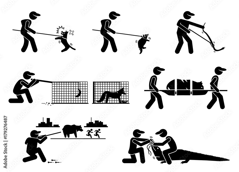 Animal Control Service and Equipments Stick Figure Pictogram Icons ...