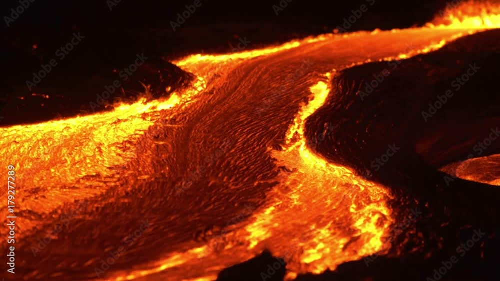 River of lava 8 Night Glowing Hot flow from Kilauea Active Volcano Puu ...
