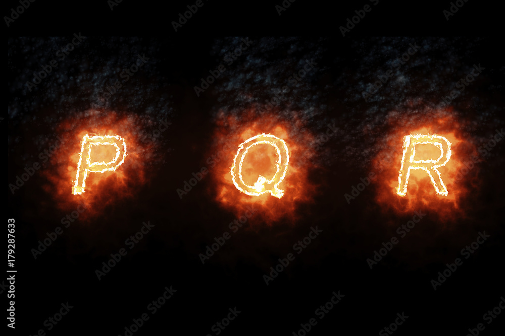 burning font p, q, r, fire word text with flame and smoke on black ...