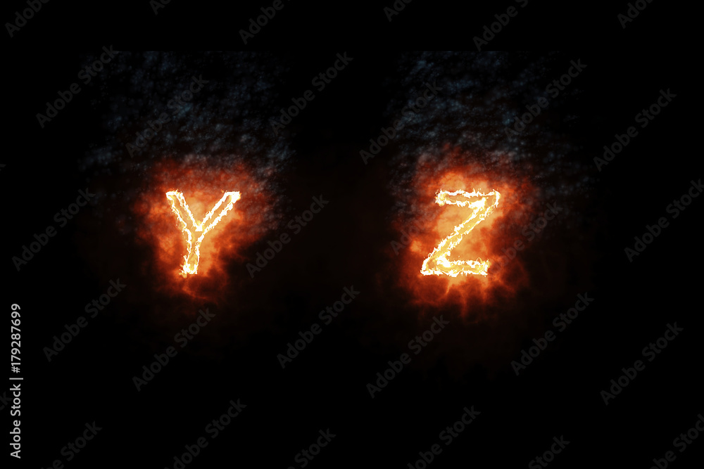burning font y, z, fire word text with flame and smoke on black ...