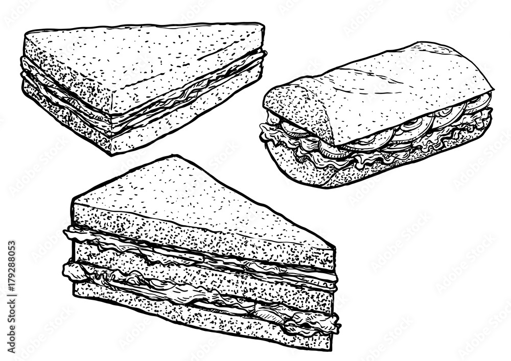 Sandwich illustration, drawing, engraving, ink, line art, vector Stock ...