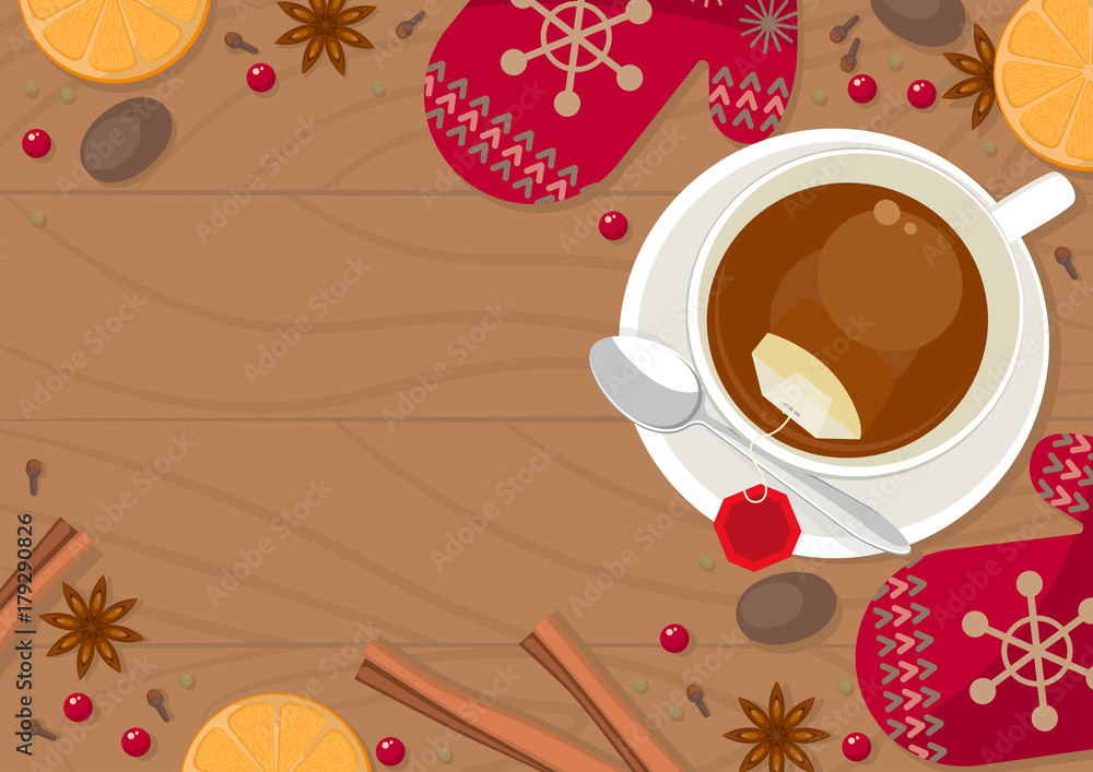 Hot cup of tea with tea bag and spice. Warm winter background with ...